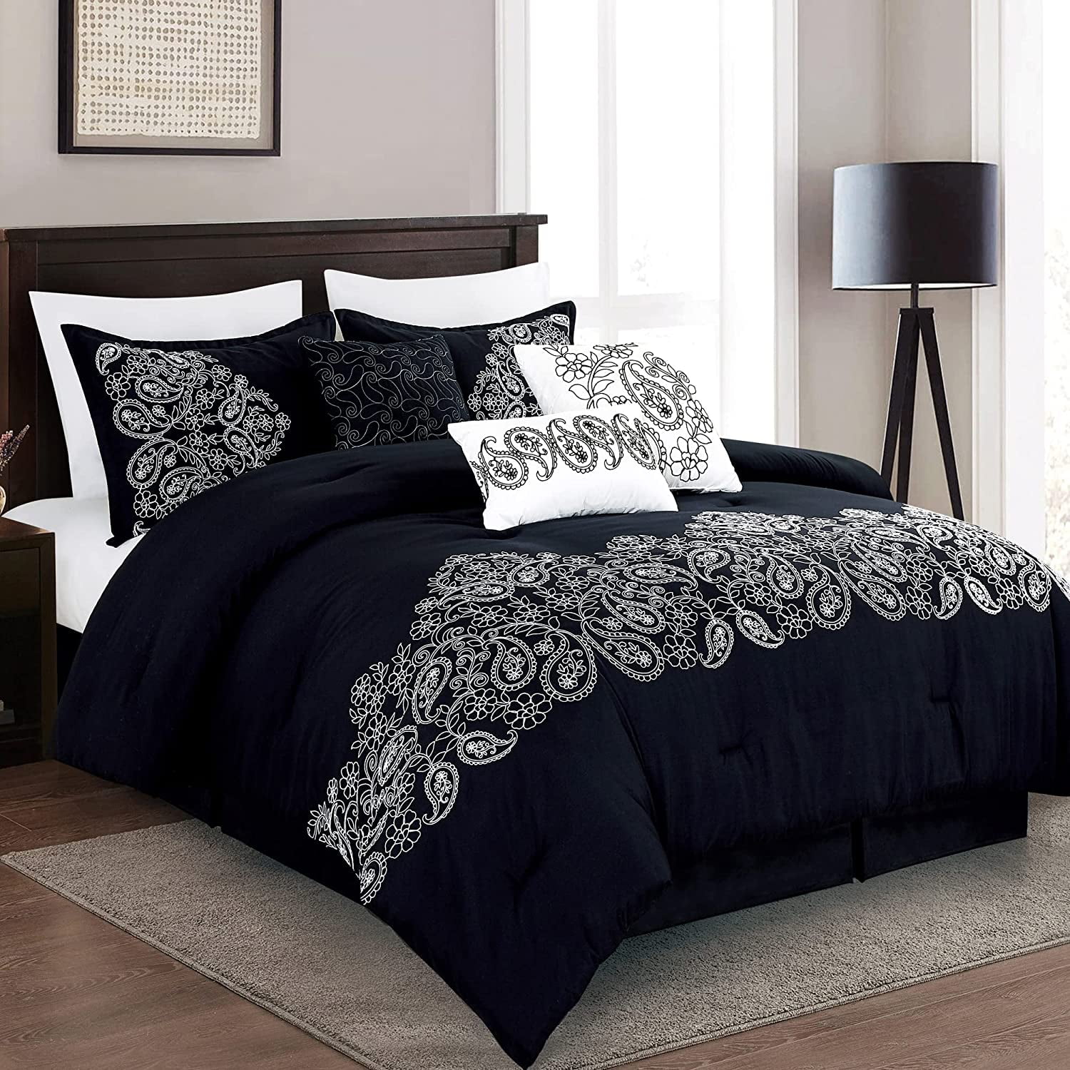 Chezmoi Collection 7-Piece Queen Comforter Set, Black Paisley Floral ...
