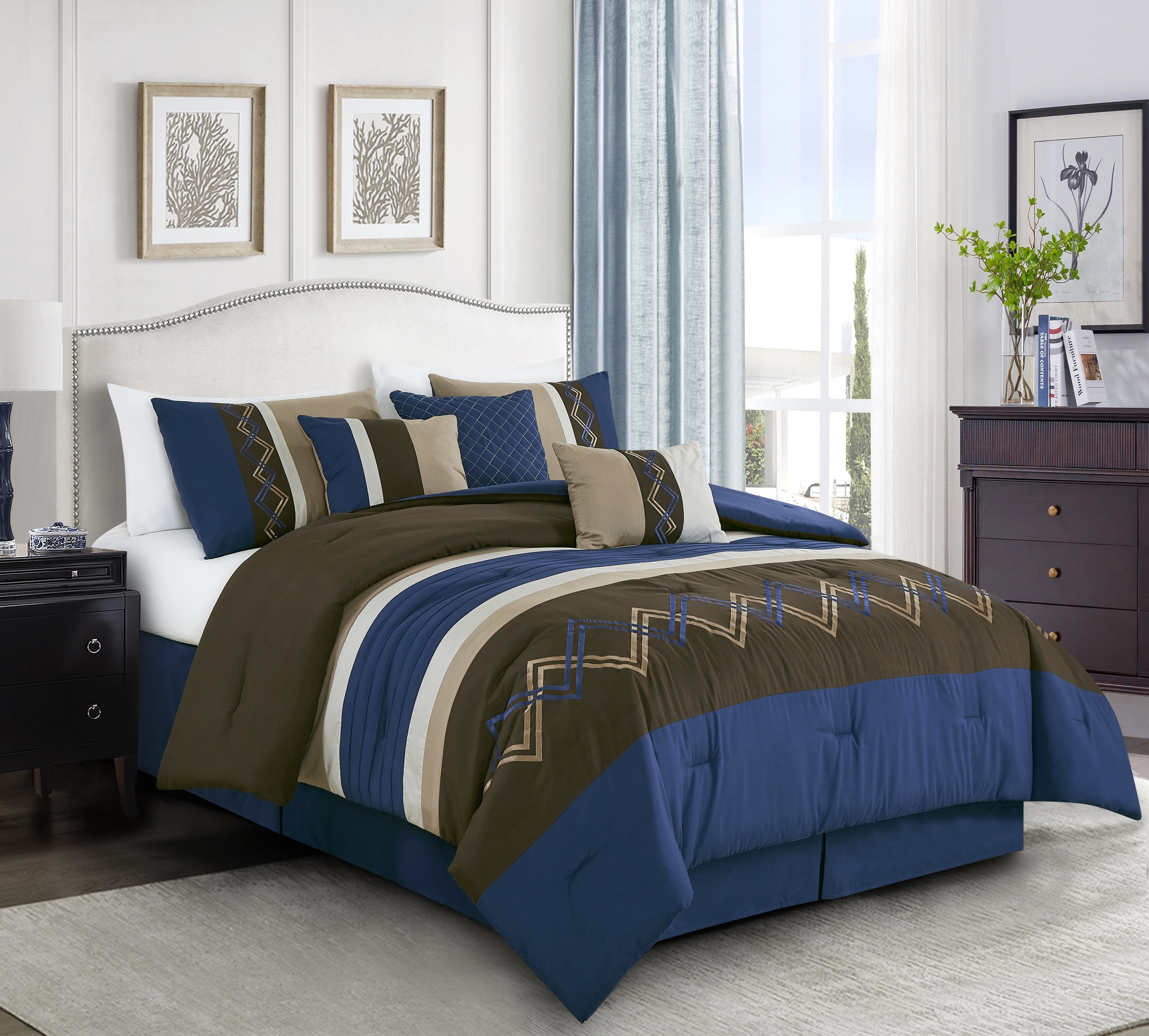 Chezmoi Collection 7-Piece Coffee/Brown/Navy/White Modern Stripe Zigzag ...