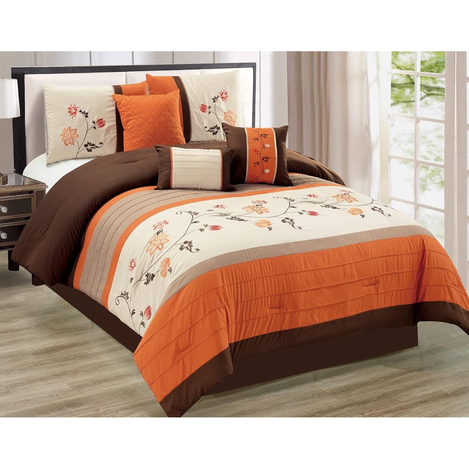 Chezmoi Collection 7-Piece Embroidered Floral Scroll Pleated Orange ...