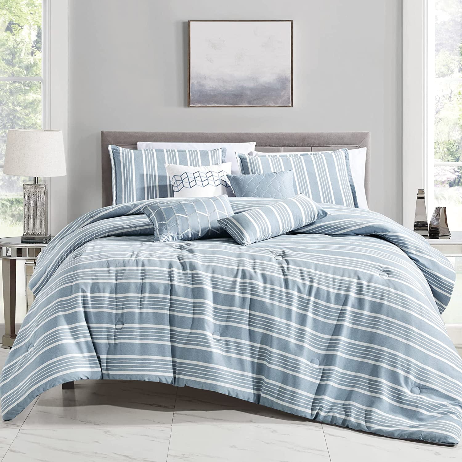 Chezmoi Collection 7-Piece King Comforter Set, Blue White Striped ...