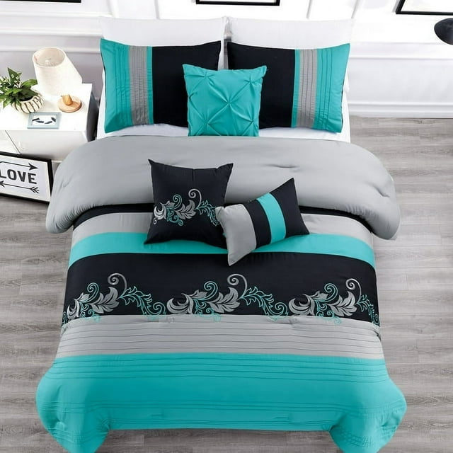 Chezmoi Collection 7-Piece Luxury Floral Leaves Embroidery Comforter ...