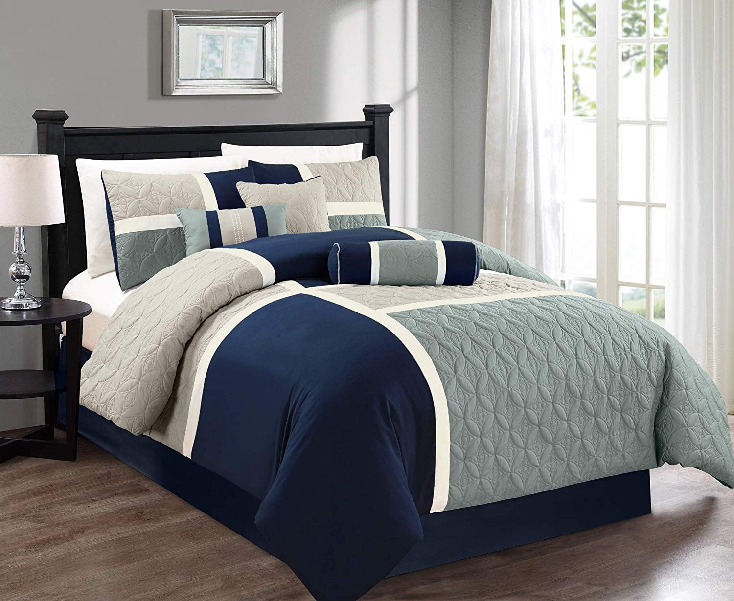 Chezmoi Collection 7-Piece Navy Blue Grey Medallion Comforter Set, King ...