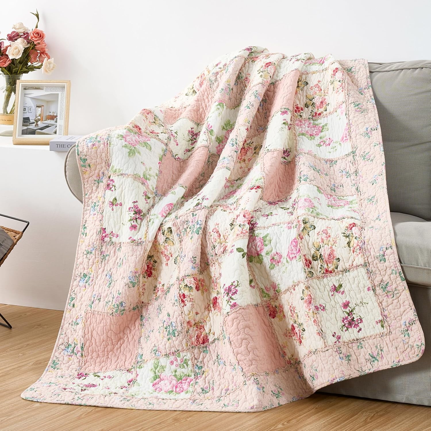 Chezmoi Collection Abbi 1-Piece Garden Floral Pink Shabby Chic Throw ...