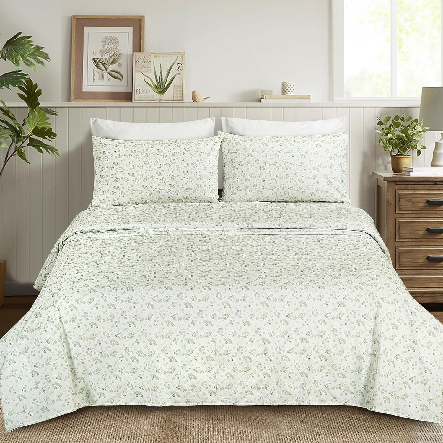Chezmoi Collection Arbor 4-Piece Floral Bed Sheet Set, Soft Green White ...