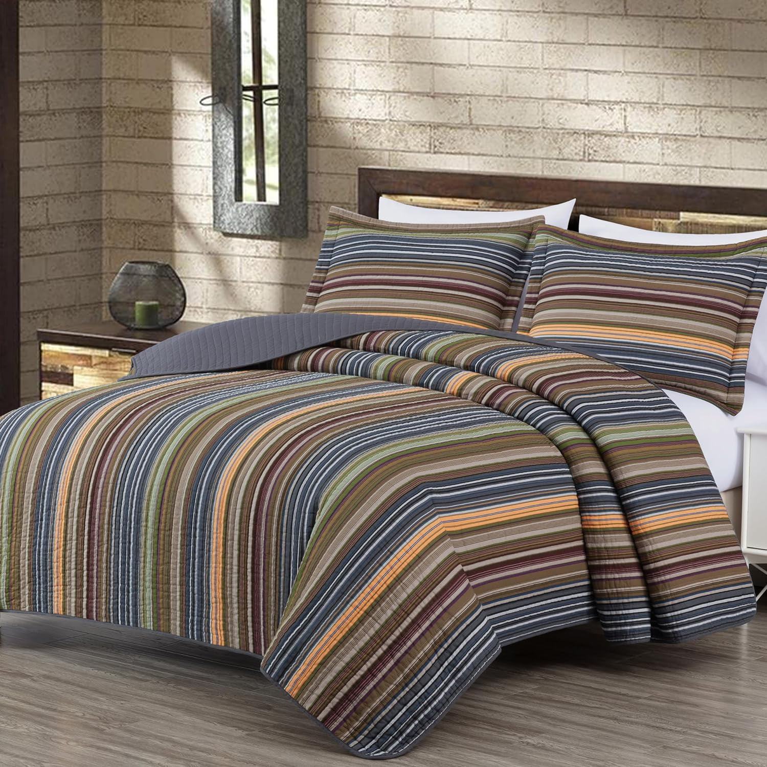 Chezmoi Collection Avery Striped Cotton Quilt Set King Size, 3-Piece ...