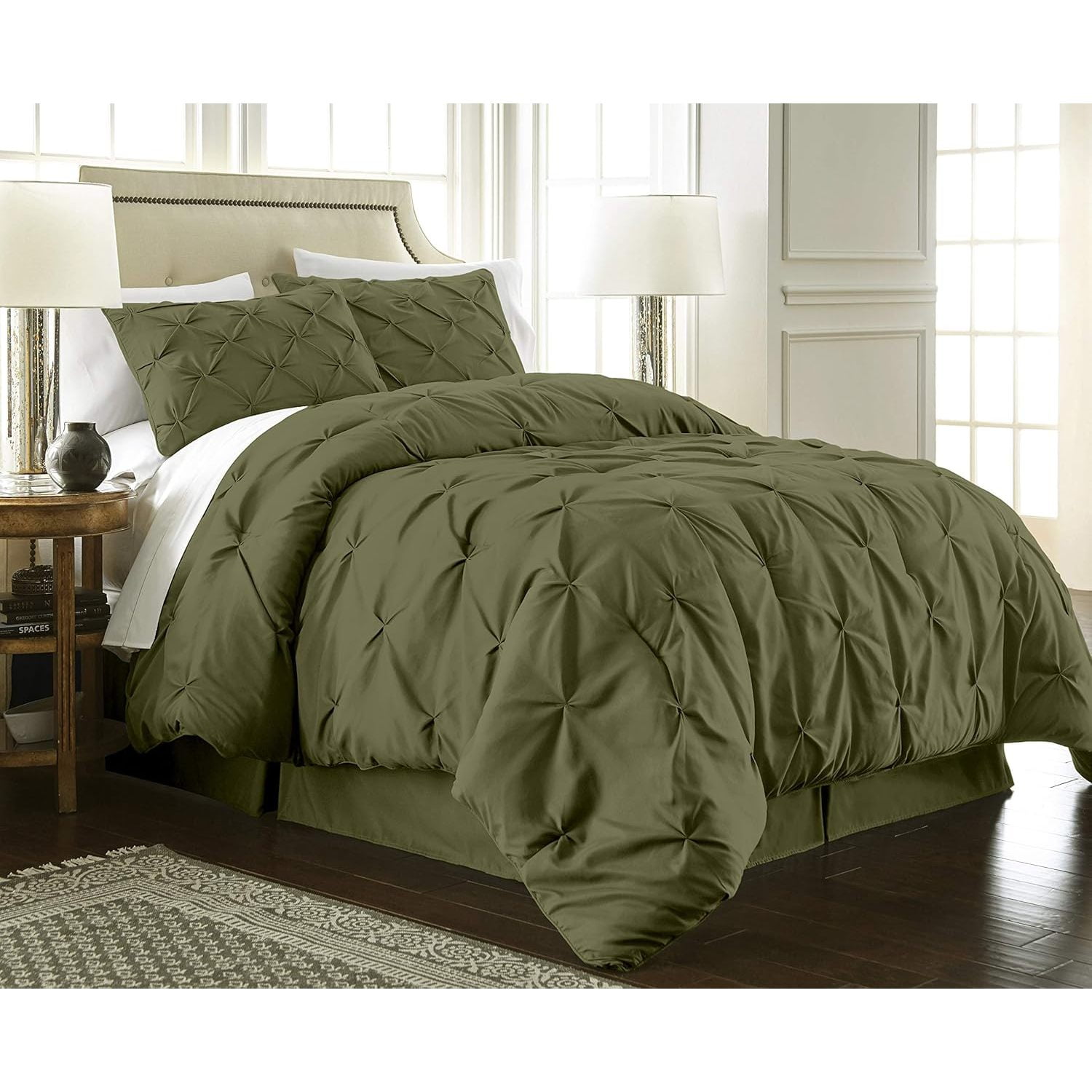 Chezmoi Collection Berlin Olive Green Pinch Pleat King Comforter Set, 3 ...