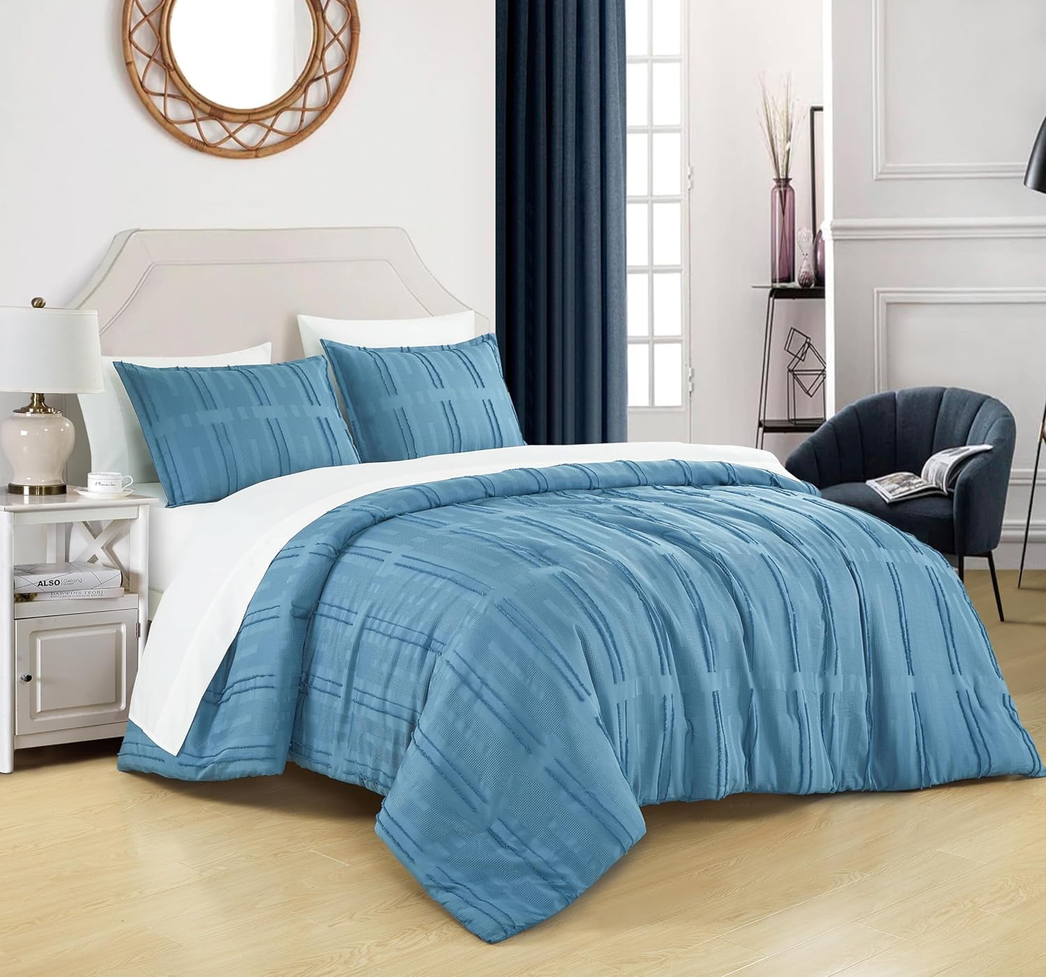 Chezmoi Collection Brady Blue Geometric Waffle Textured 7-Piece Queen ...