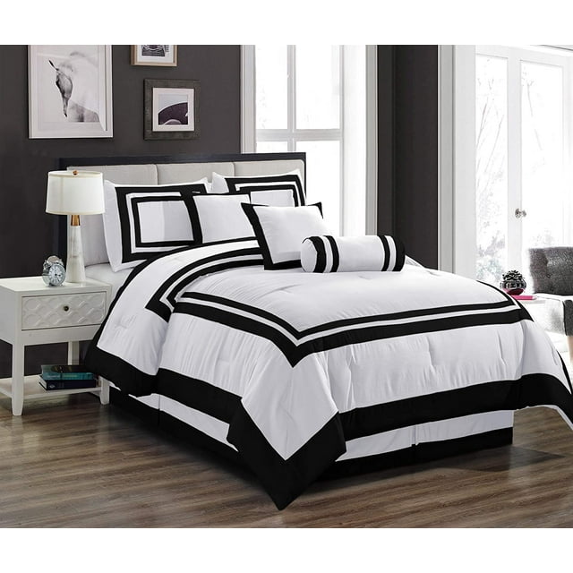 Chezmoi Collection Caprice 7-Piece White/Black Square Pattern Hotel ...