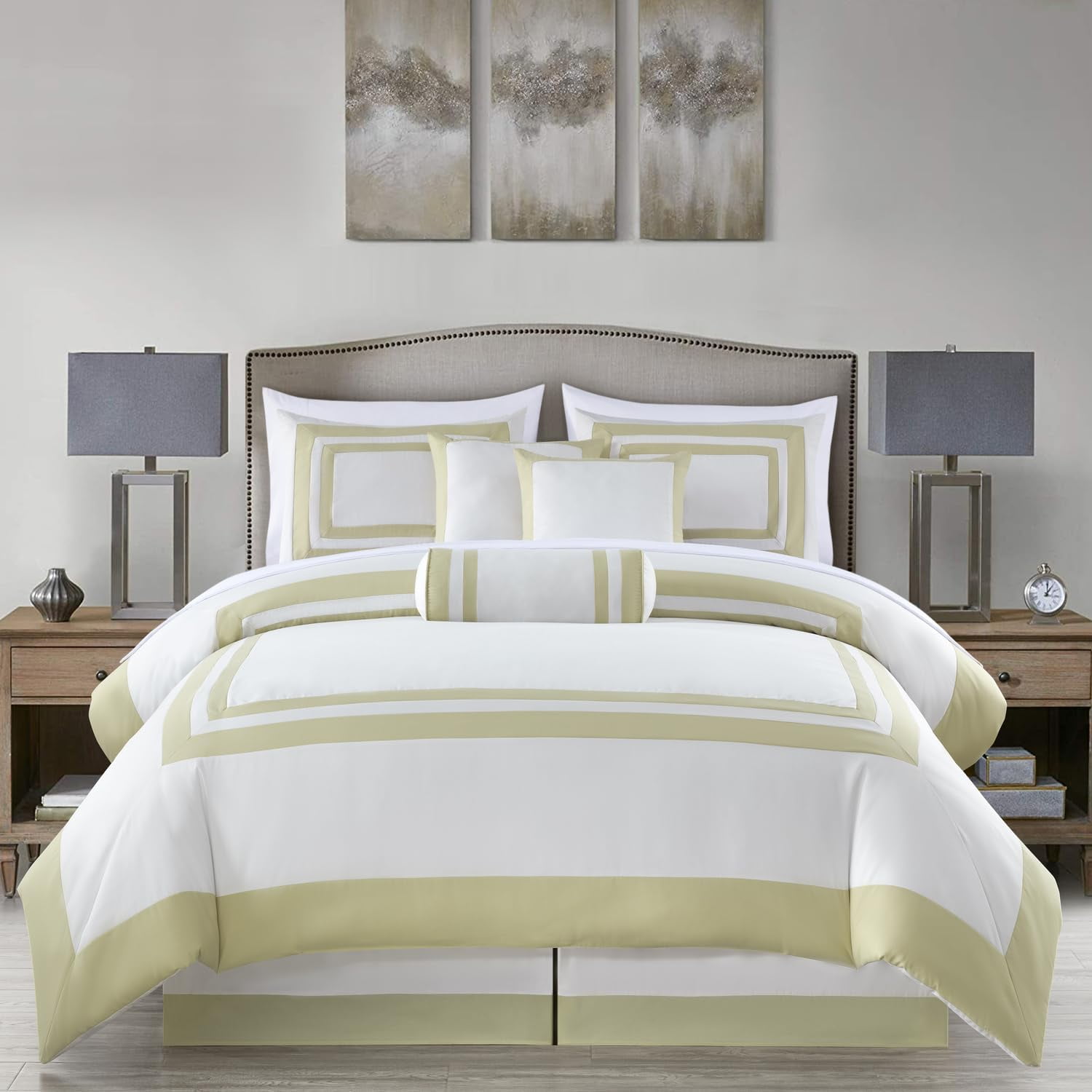 Chezmoi Collection Caprice 7-Piece Queen Comforter Set, White and Tan ...