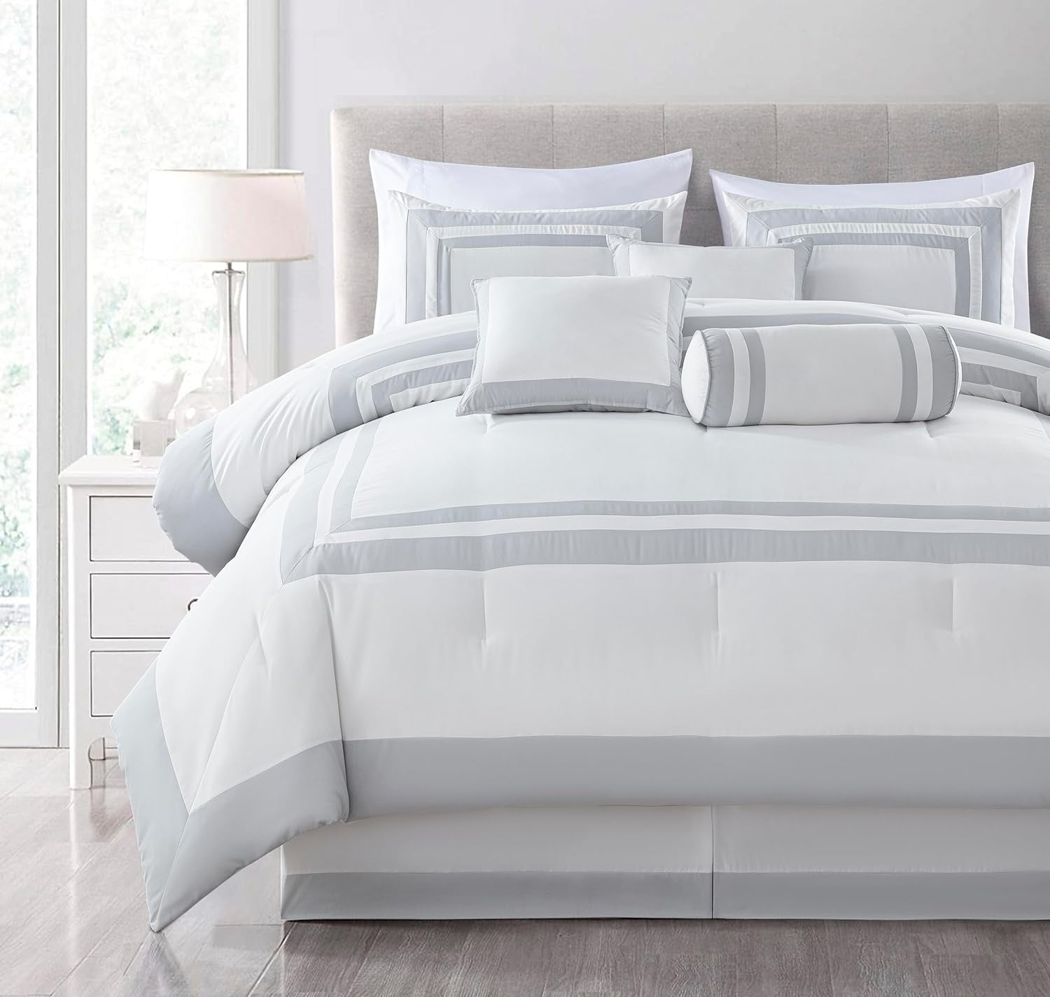 Chezmoi Collection Caprice 7-Piece Hotel Style Comforter Set King Size, White/Silver Square ...