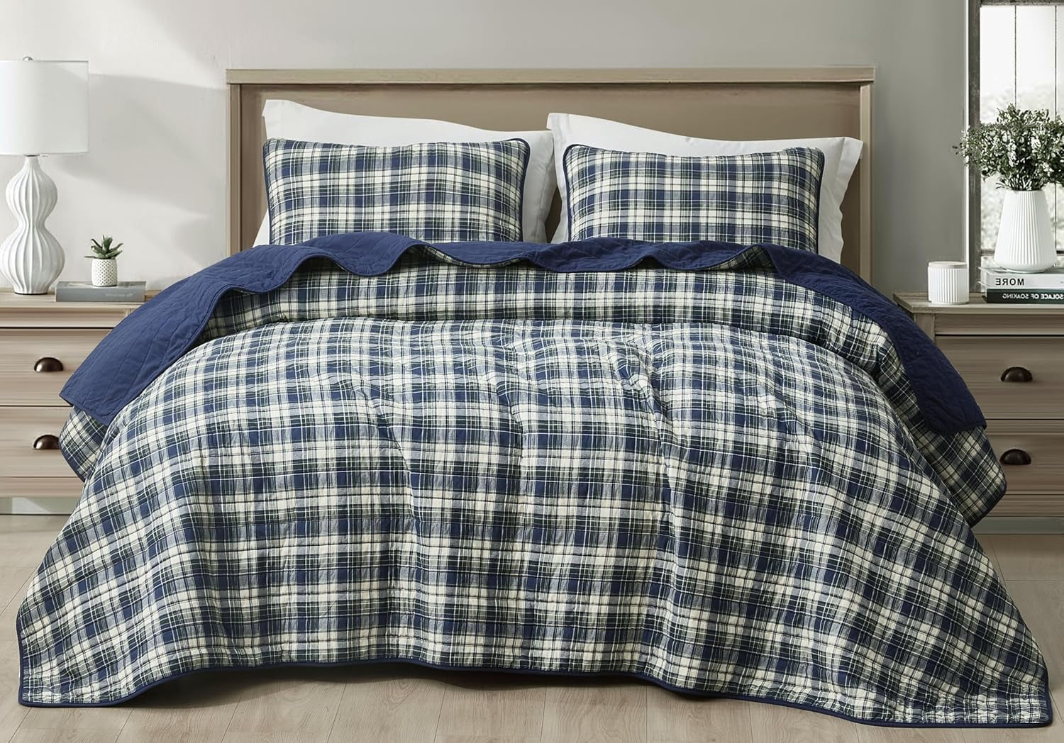 Chezmoi Collection Chad 3-Piece Printed Plaid Cotton Quilt Set Full ...