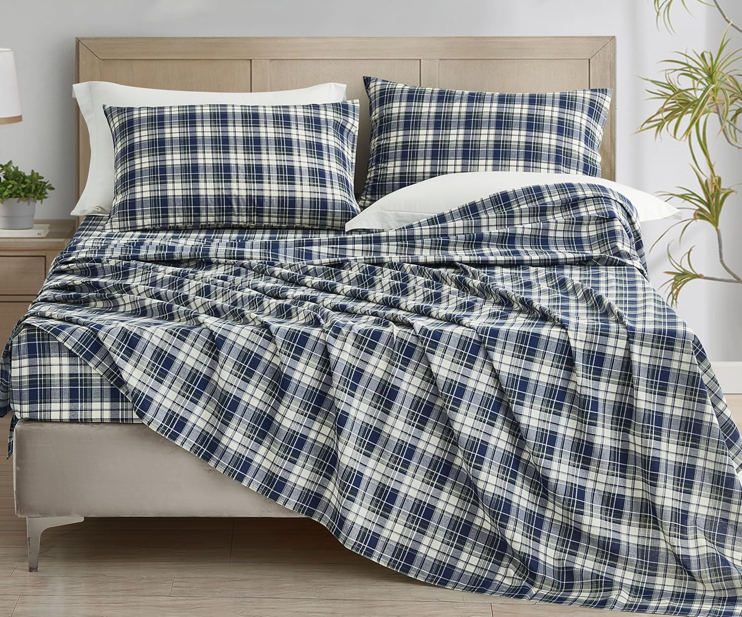 Chezmoi Collection Chad 4-Piece Plaid Cotton Sheet Set Queen, Blue ...