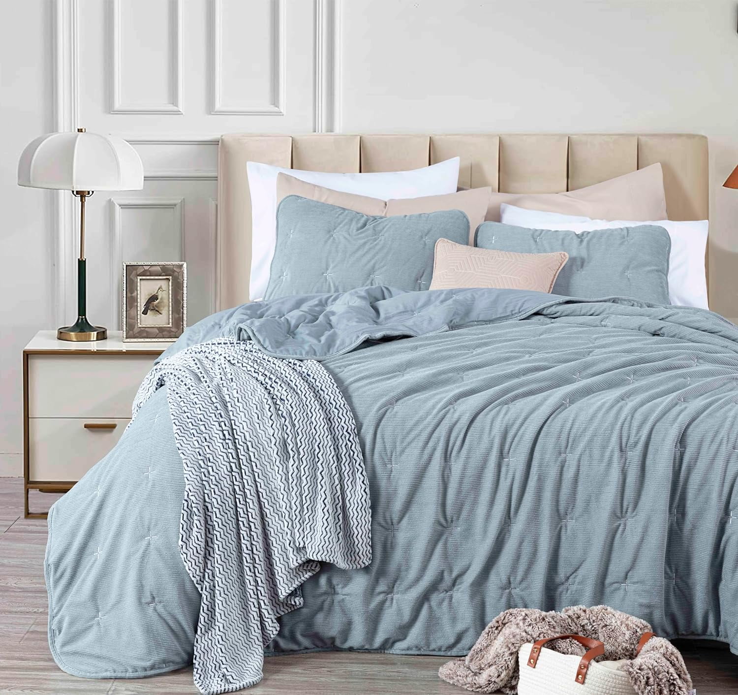 Chezmoi Collection Corduroy Queen Comforter Set Smoke Blue, 3-Piece ...