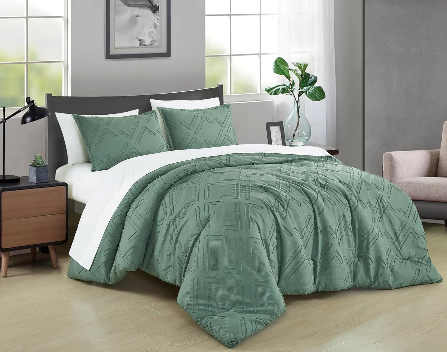 Chezmoi Collection Denise Green Clip Jacquard Geometric 7-Piece Bed in a Bag Comforter Set, King ...