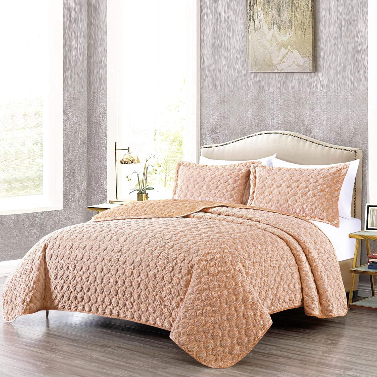 Chezmoi Collection Embossed Velvet Quilt Set King Size, Apricot Orange ...