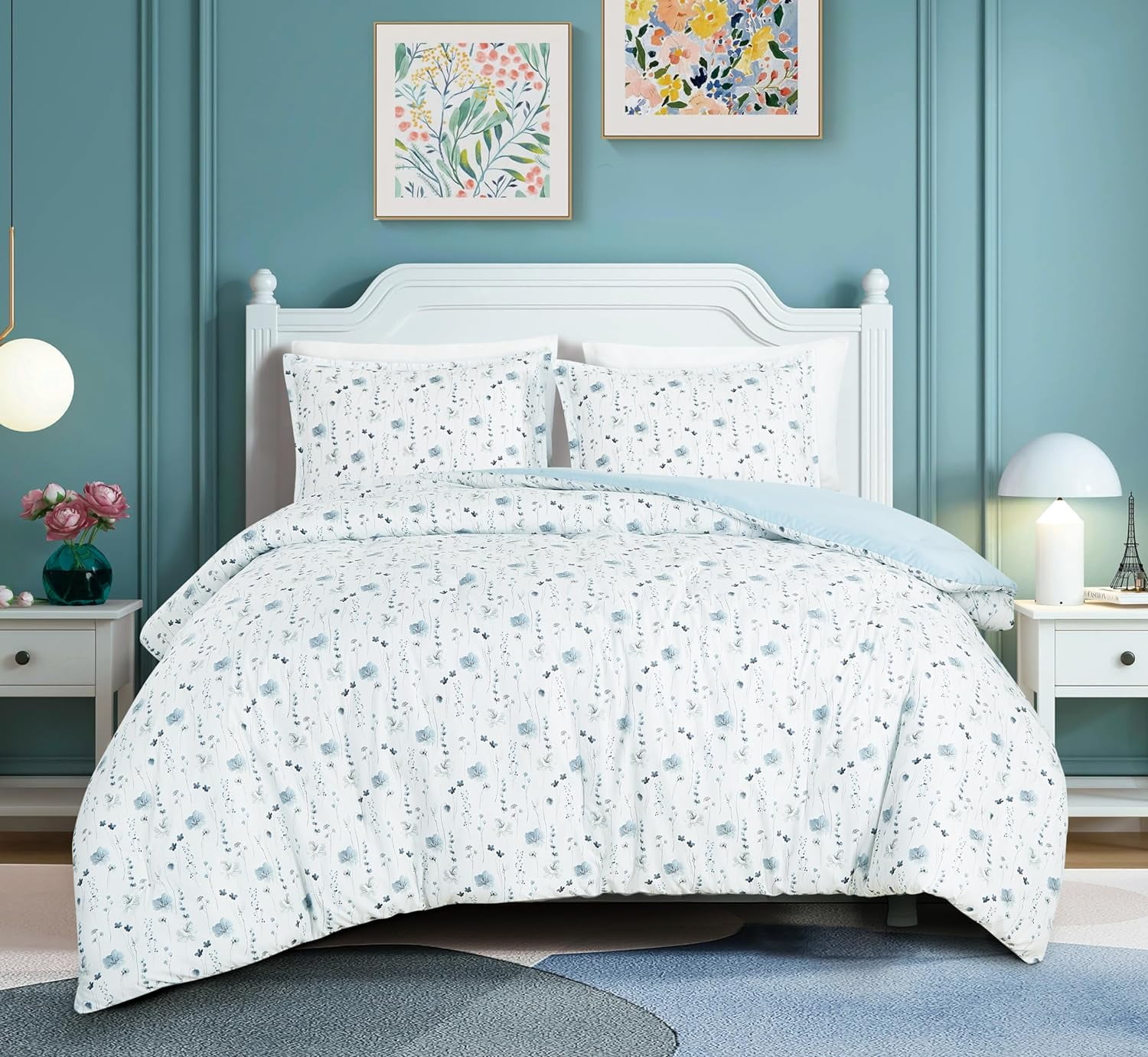 Chezmoi Collection Fran 3-Piece Boho Floral Comforter Set, Full, Blue ...