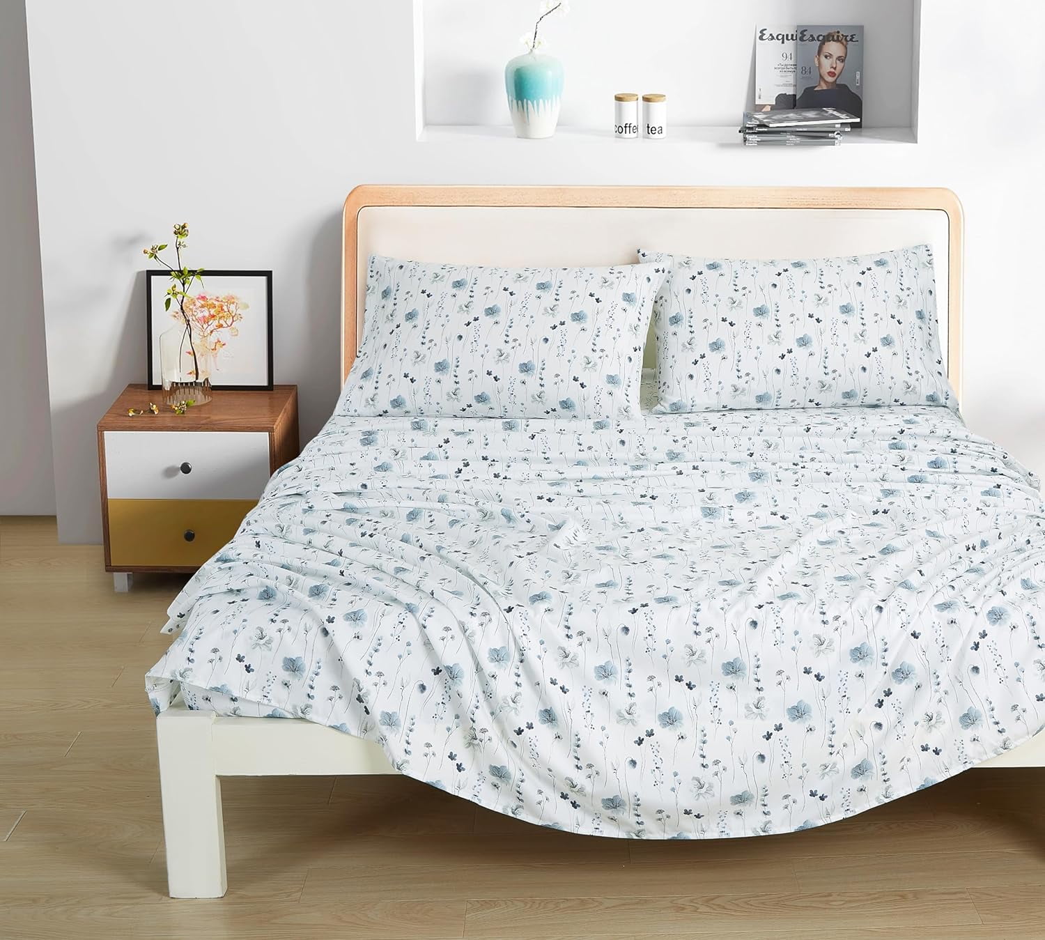 Chezmoi Collection Fran 4-Piece Floral Bed Sheet Set, Blue White Poppy ...