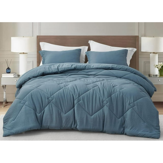 Chezmoi Collection Hugo 3-Piece Jacquard Comforter Set Queen Size, Blue ...