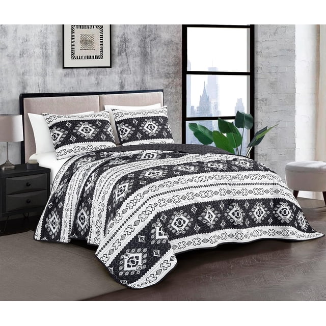 Chezmoi Collection Indie 3-Piece Southwestern Quilt Set, Black White ...