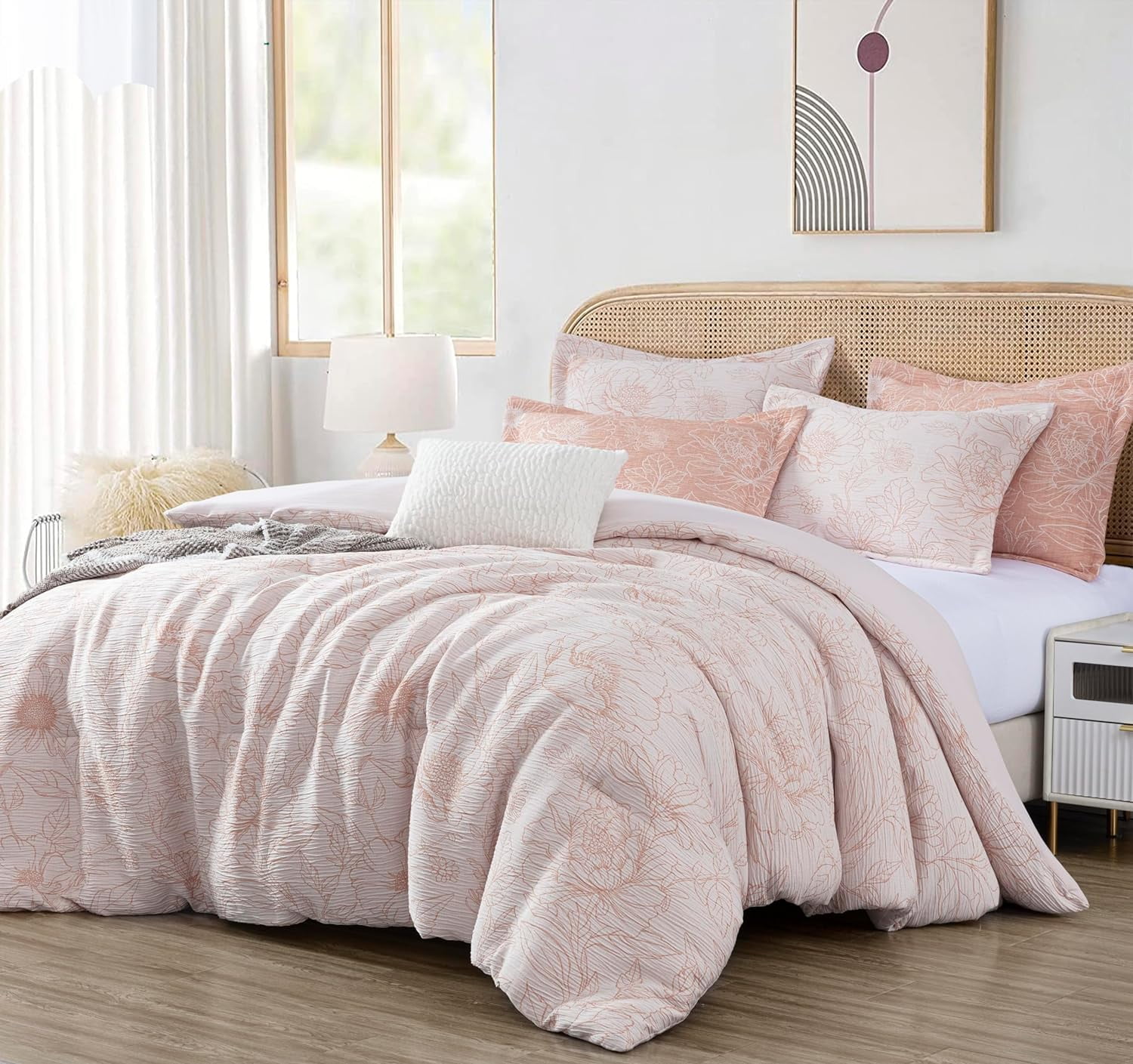 Chezmoi Collection Katrina 4-Piece Floral Comforter Set Twin Size, White/Coral, Soft Jacquard ...