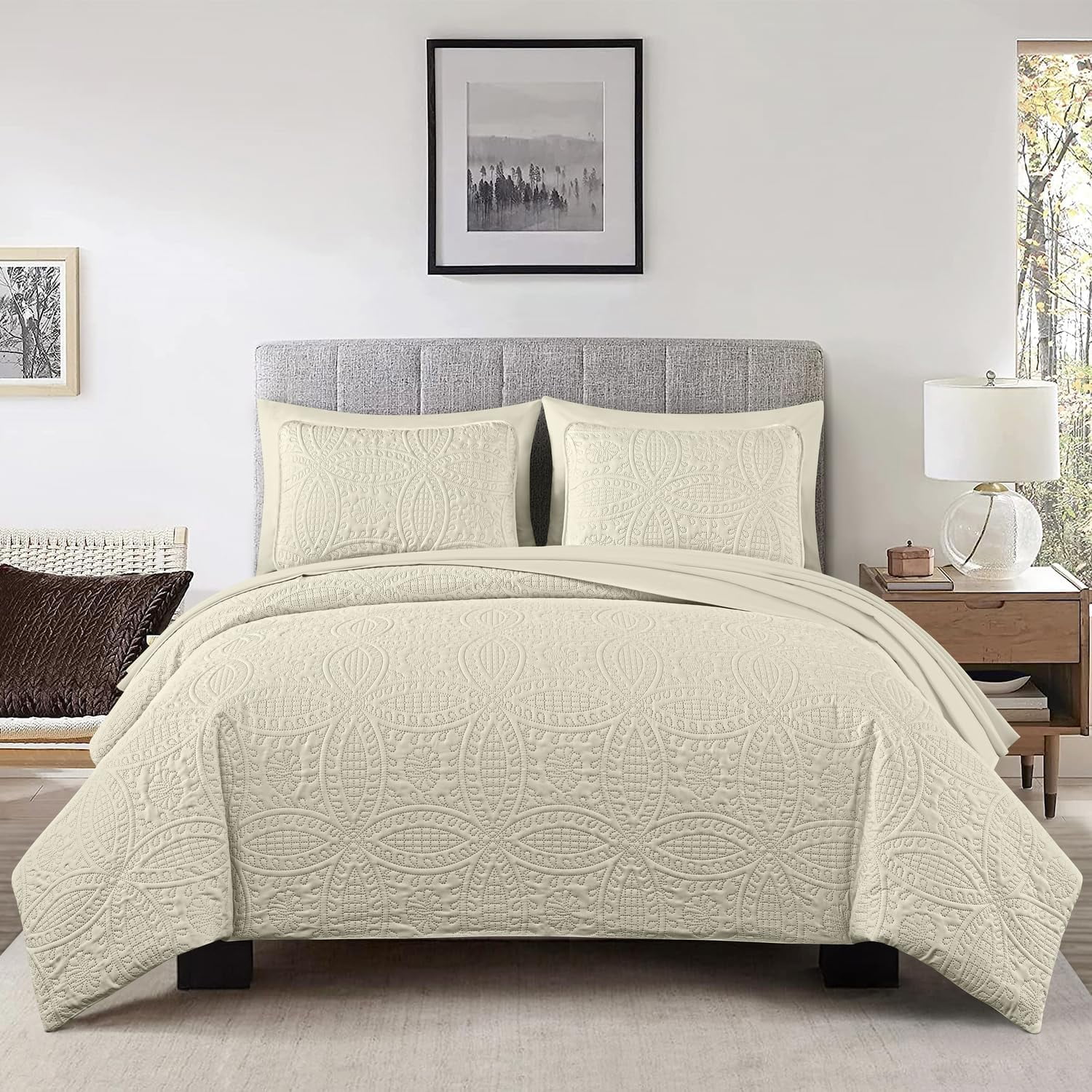 Chezmoi Collection King Comforter Set, 7-Piece Ivory Medallion Bed in a ...