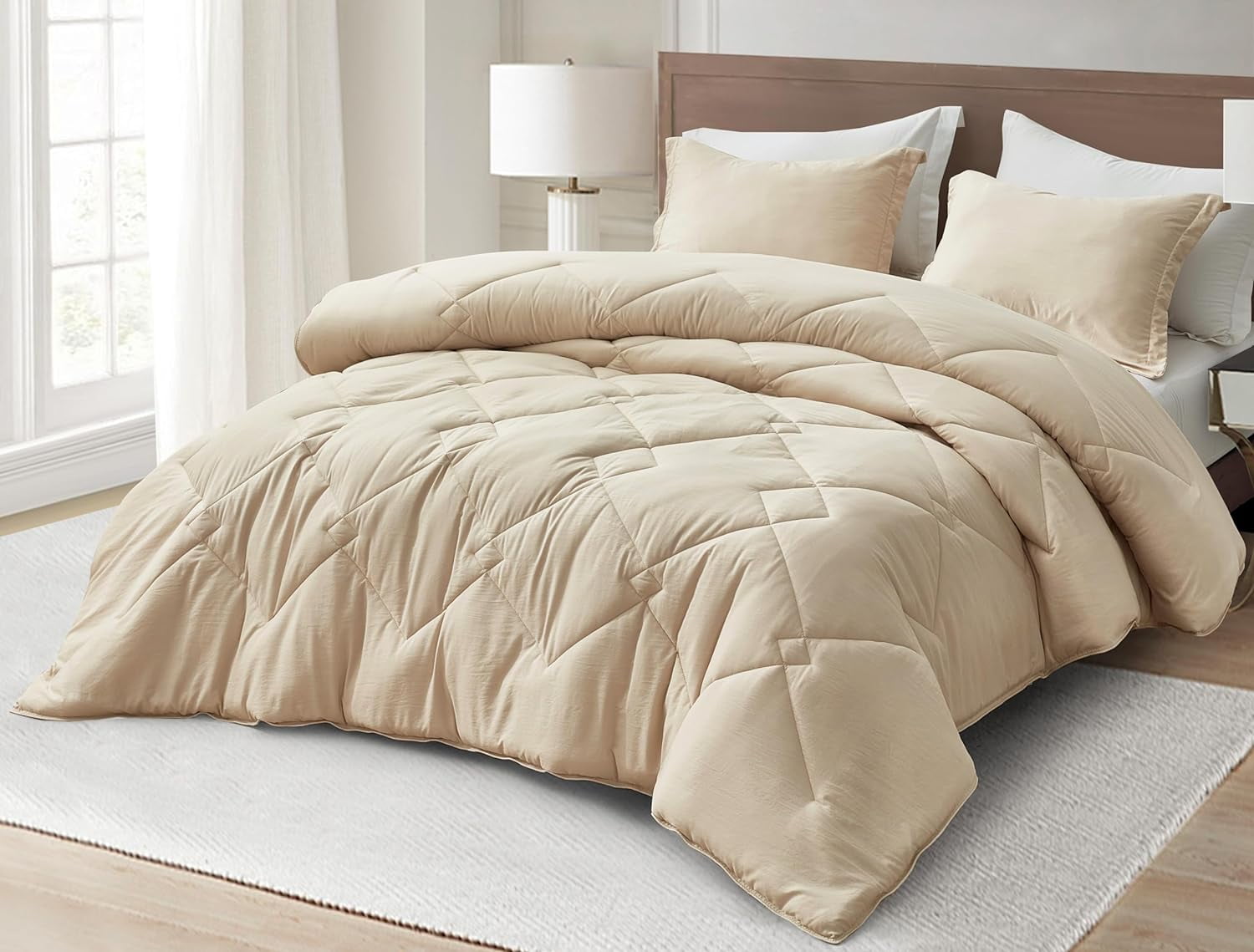 Chezmoi Collection Logan Light Sand Comforter Set Oversized King Size 3-Piece Soft Lightweight ...