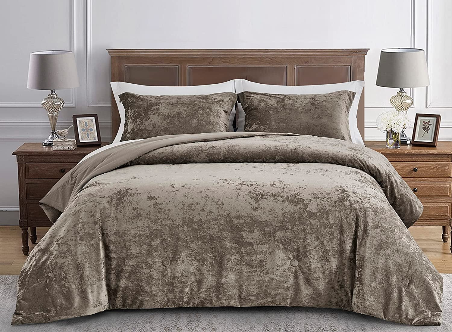 Chezmoi Collection Lux 3-Piece Taupe Shimmer Velvet Bedding Set Queen ...