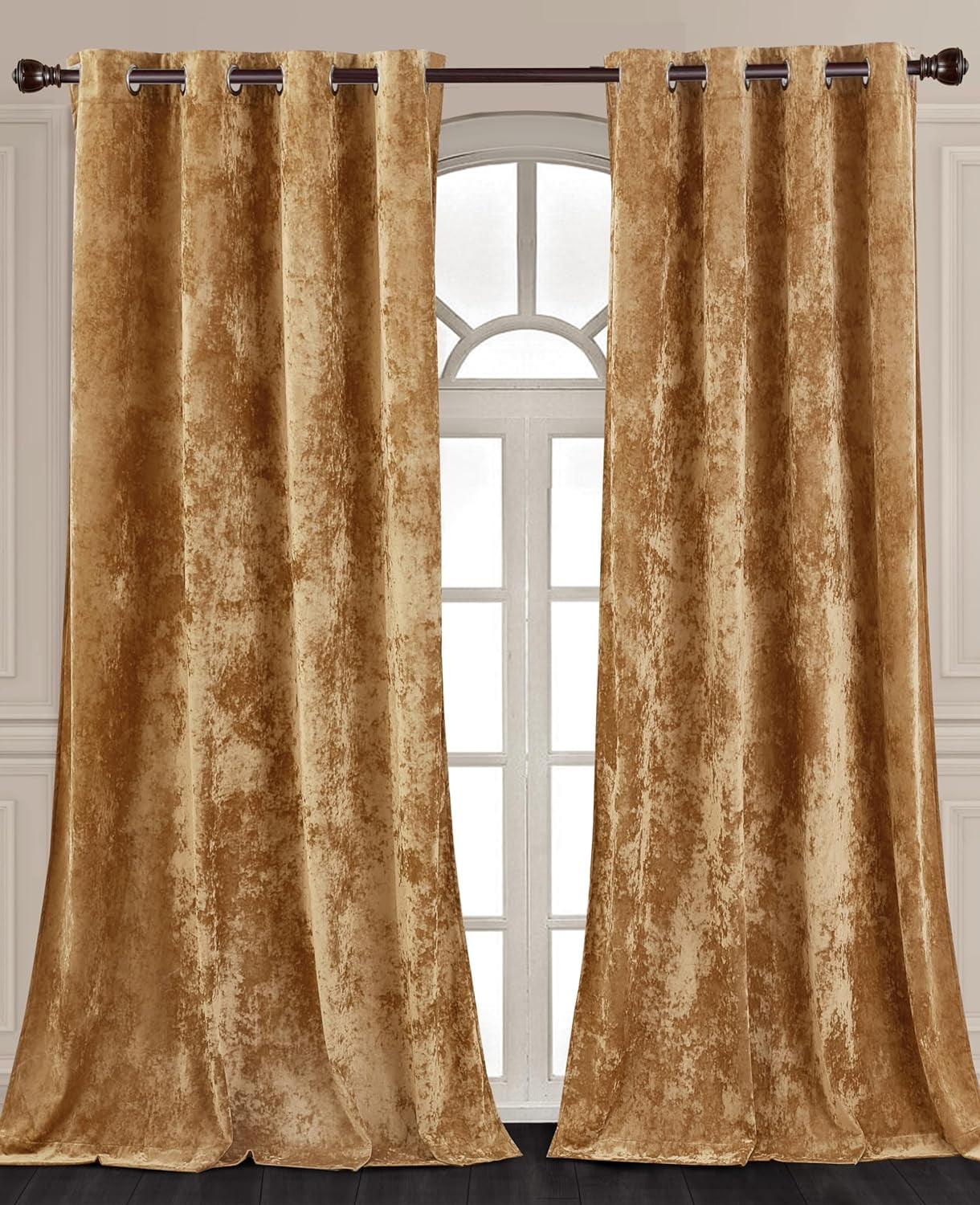Chezmoi Collection Lux Caramel Gold Distressed Velvet Curtains 2 Panel Set, Room Darkening ...