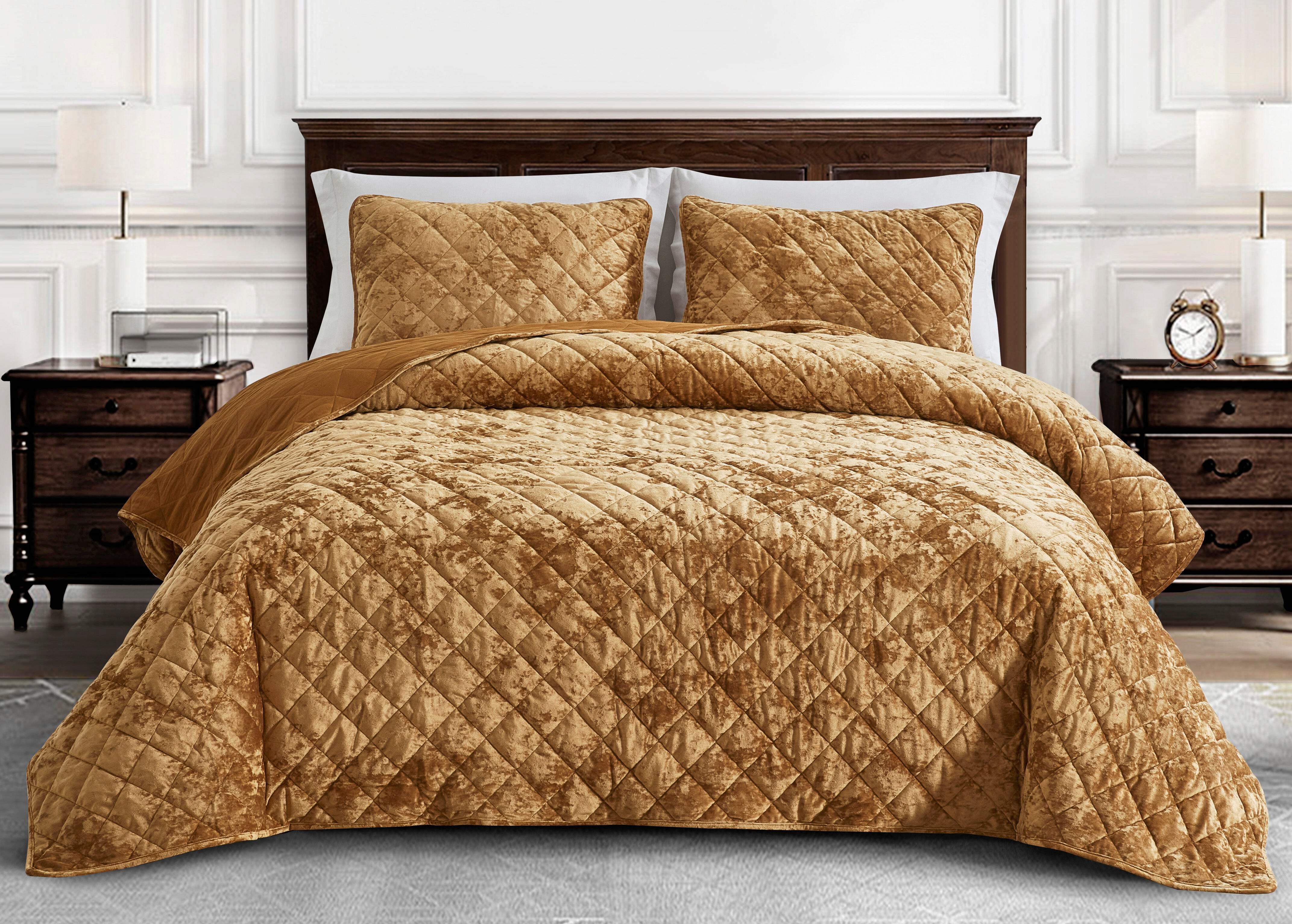 Chezmoi Collection Lux Caramel Gold 3-Pc King Velvet Quilt Set ...