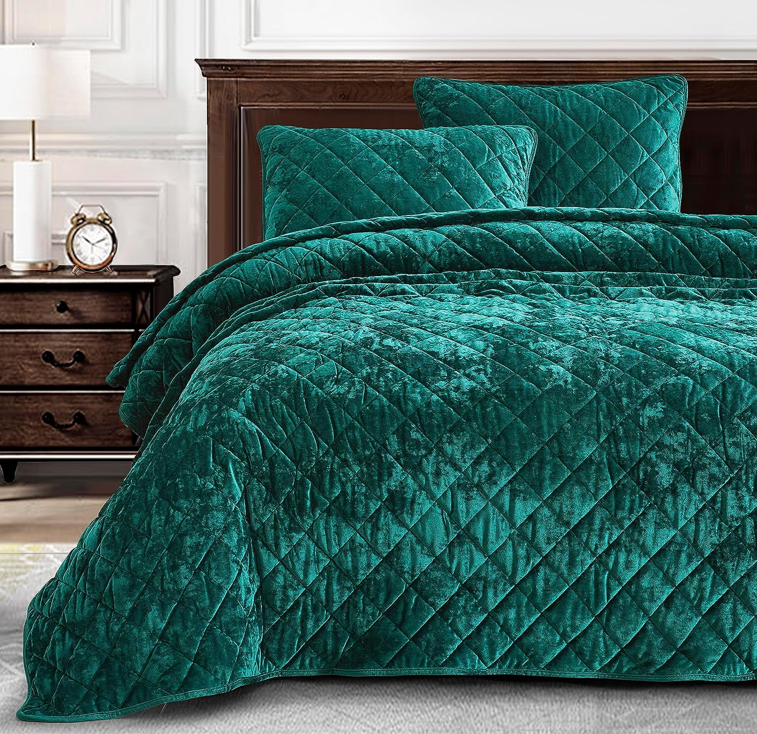 Chezmoi Collection Lux Emerald Green Velvet Quilt King Set, 3-Piece ...