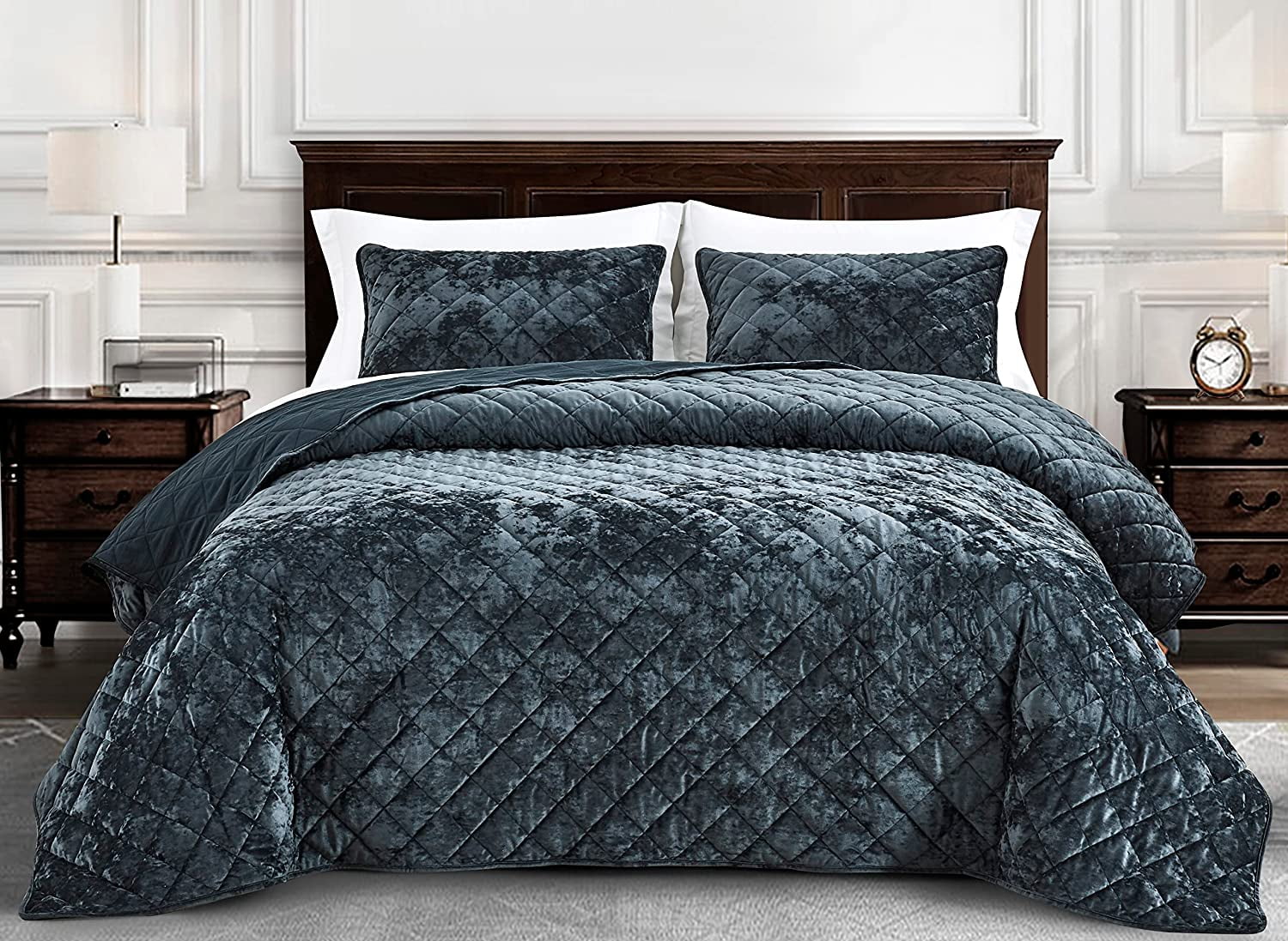 Chezmoi Collection Lux Storm Blue Velvet Quilt Queen Set, 3-Piece Lush ...