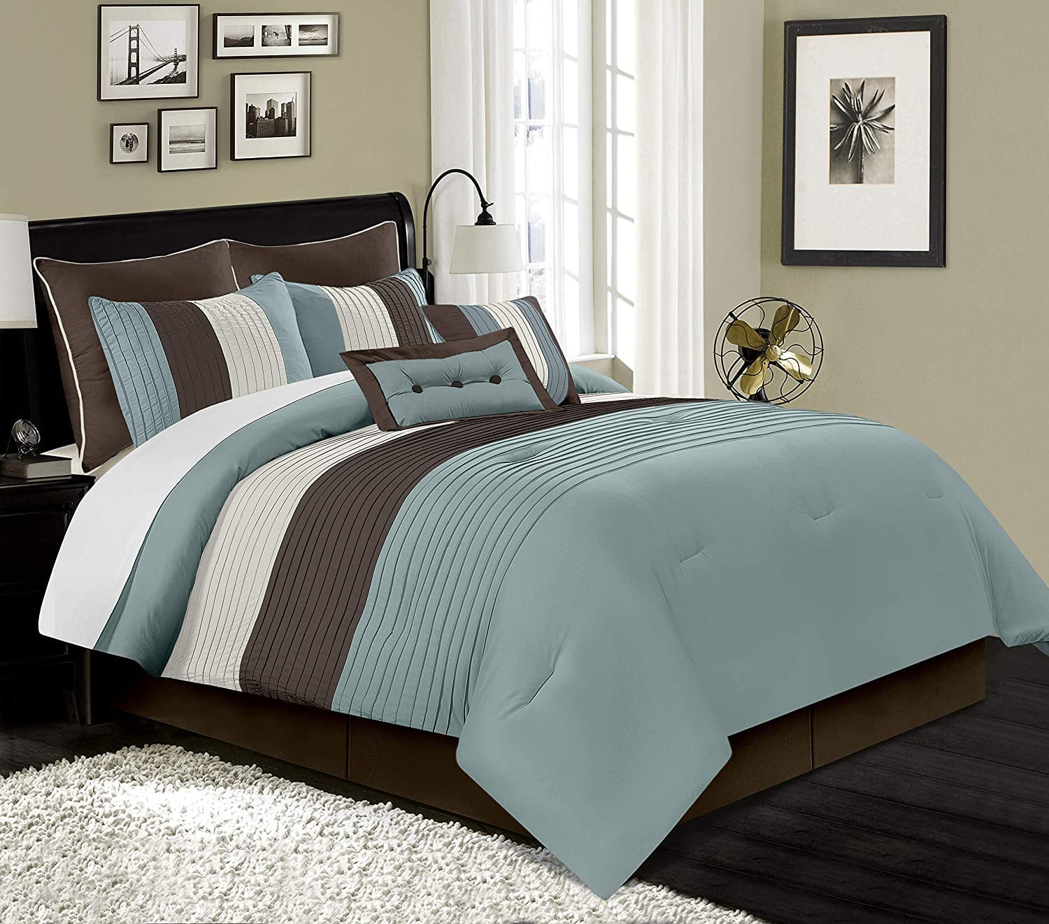 Chezmoi Collection Luxury Pleated Striped Comforter Set, Full, Blue ...