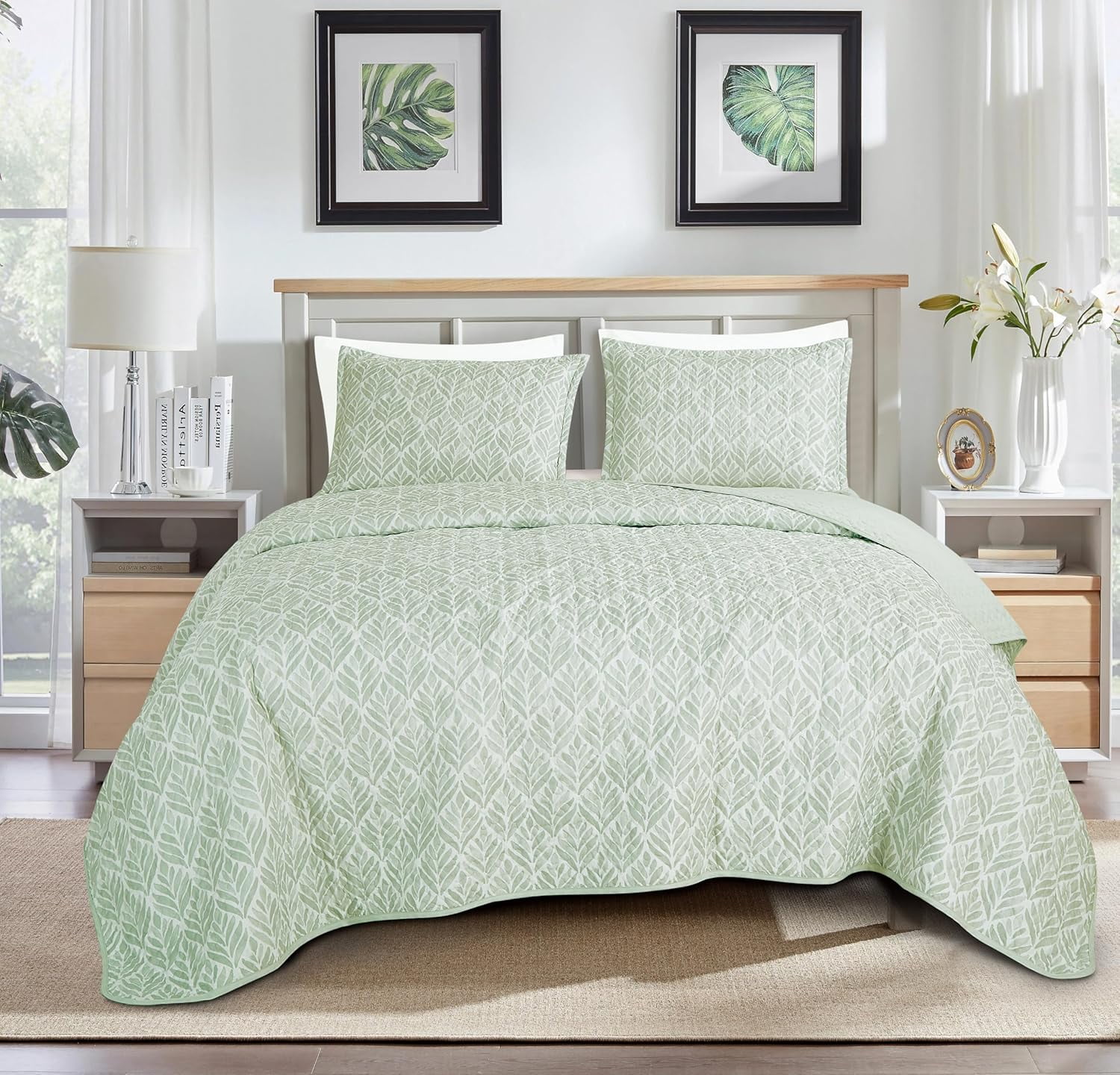 Chezmoi Collection Medina 3-Piece Tranquil Leaf Quilt Set King, Soft ...
