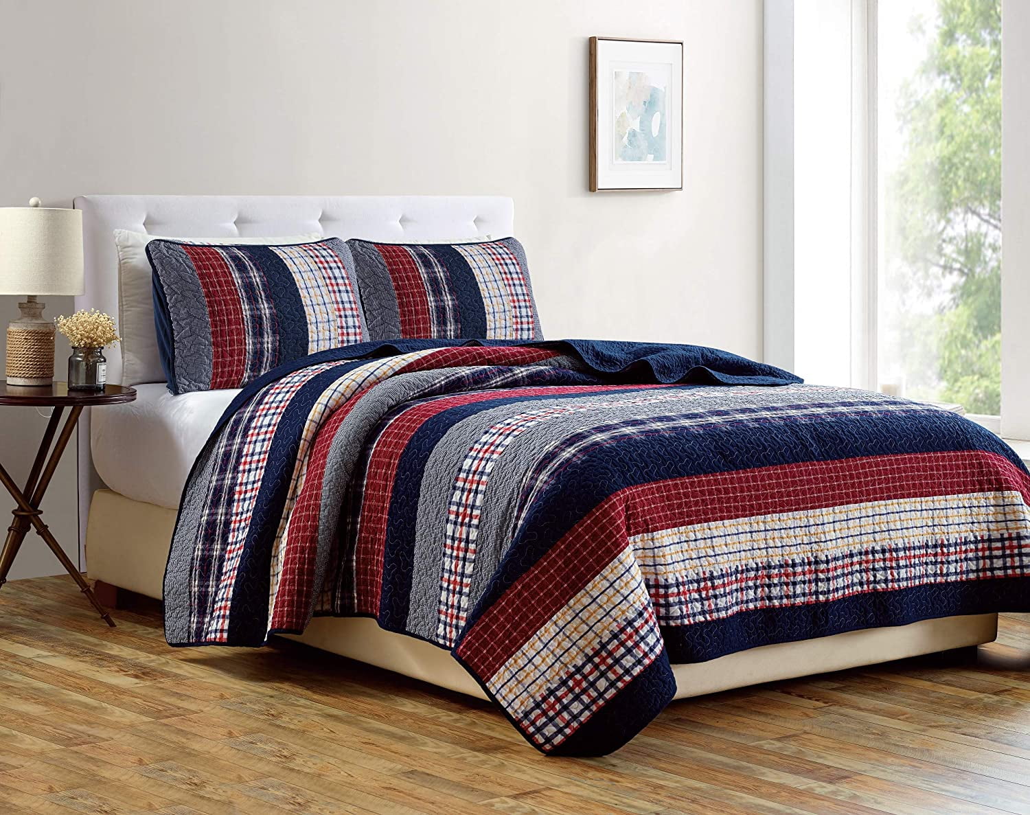 Chezmoi Collection 3-Piece Plaid Checkered Patchwork Quilt Set, 100% ...