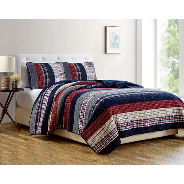 Chezmoi Collection 3-Piece Plaid Checkered Patchwork Quilt Set, 100% Soft Cotton, Reversible ...