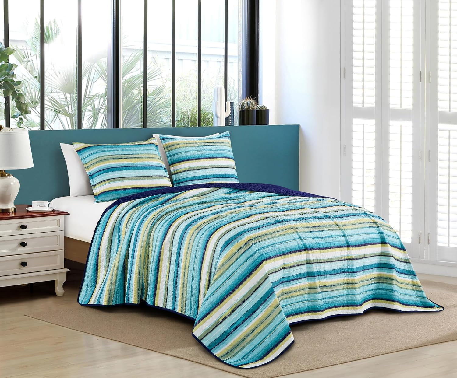 Chezmoi Collection Morgan 3-Piece Lodge Striped Quilt Set, Green Blue ...