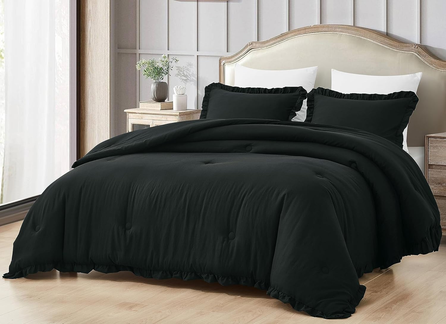 Chezmoi Collection Nora 3-Piece Black Ruffled Edge Trim Microfiber Comforter Set, Oversized King ...