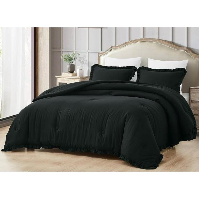 Chezmoi Collection Nora 3-Piece Black Ruffled Edge Trim Microfiber ...