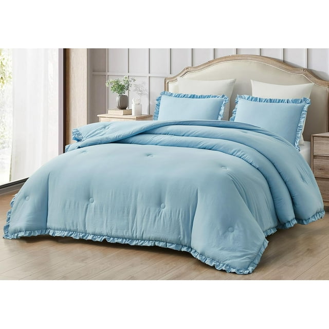 Chezmoi Collection Nora 3-Piece Chambray Blue Ruffled Edge Trim ...