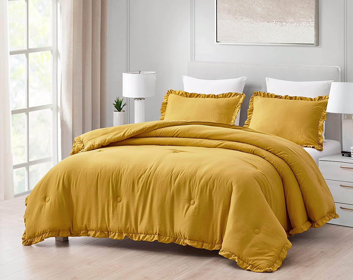 Chezmoi Collection Nora 3-Piece Soft Mustard Ruffled Edge Trim ...