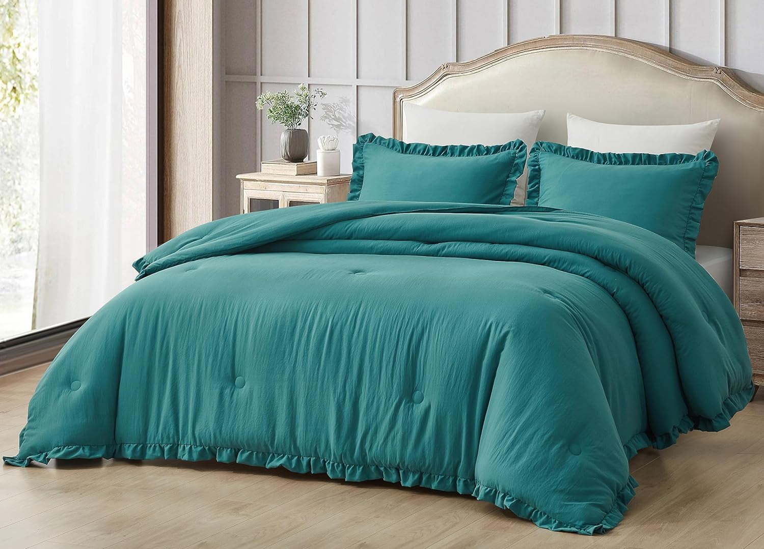 Chezmoi Collection Nora 3-Piece Teal Ruffled Edge Trim Microfiber ...