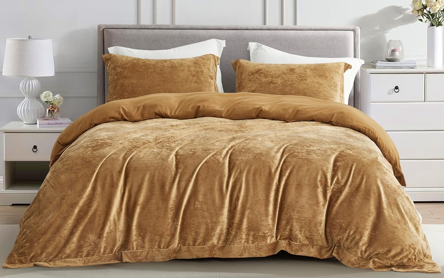 Chezmoi Collection Piers 3-Piece Caramel Gold Distressed Velvet Duvet ...