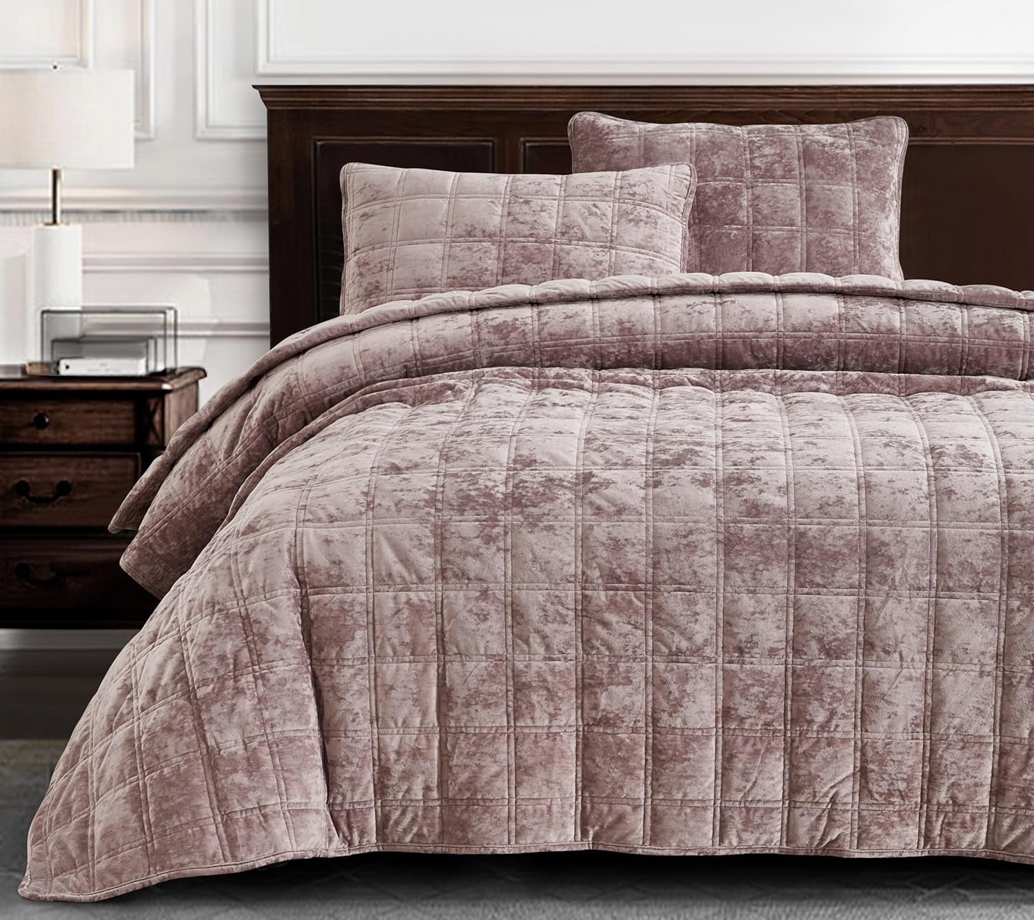 Chezmoi Collection Piers Dusty Pink Velvet Quilt Queen Set, 3-Piece ...
