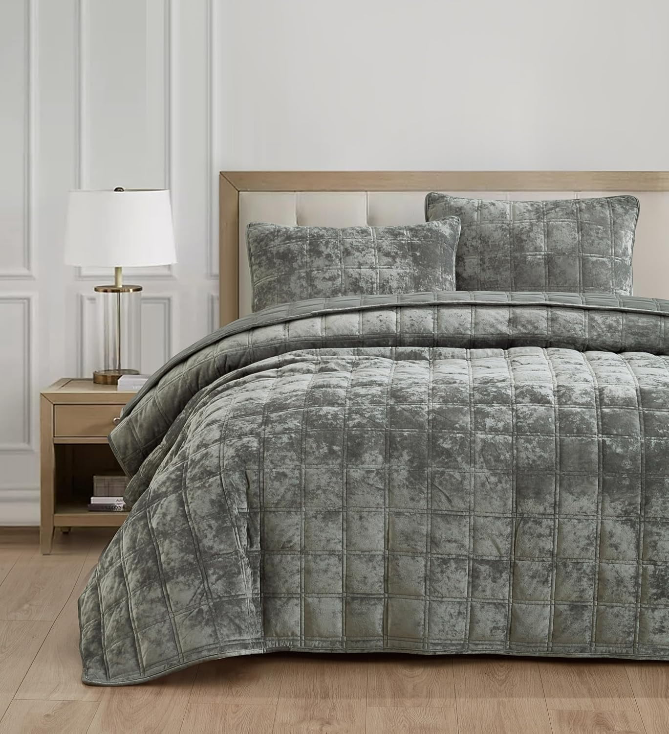Chezmoi Collection Piers Medium Gray Velvet Quilt King Set, 3-Piece Lush Plush Distressed Velvet ...