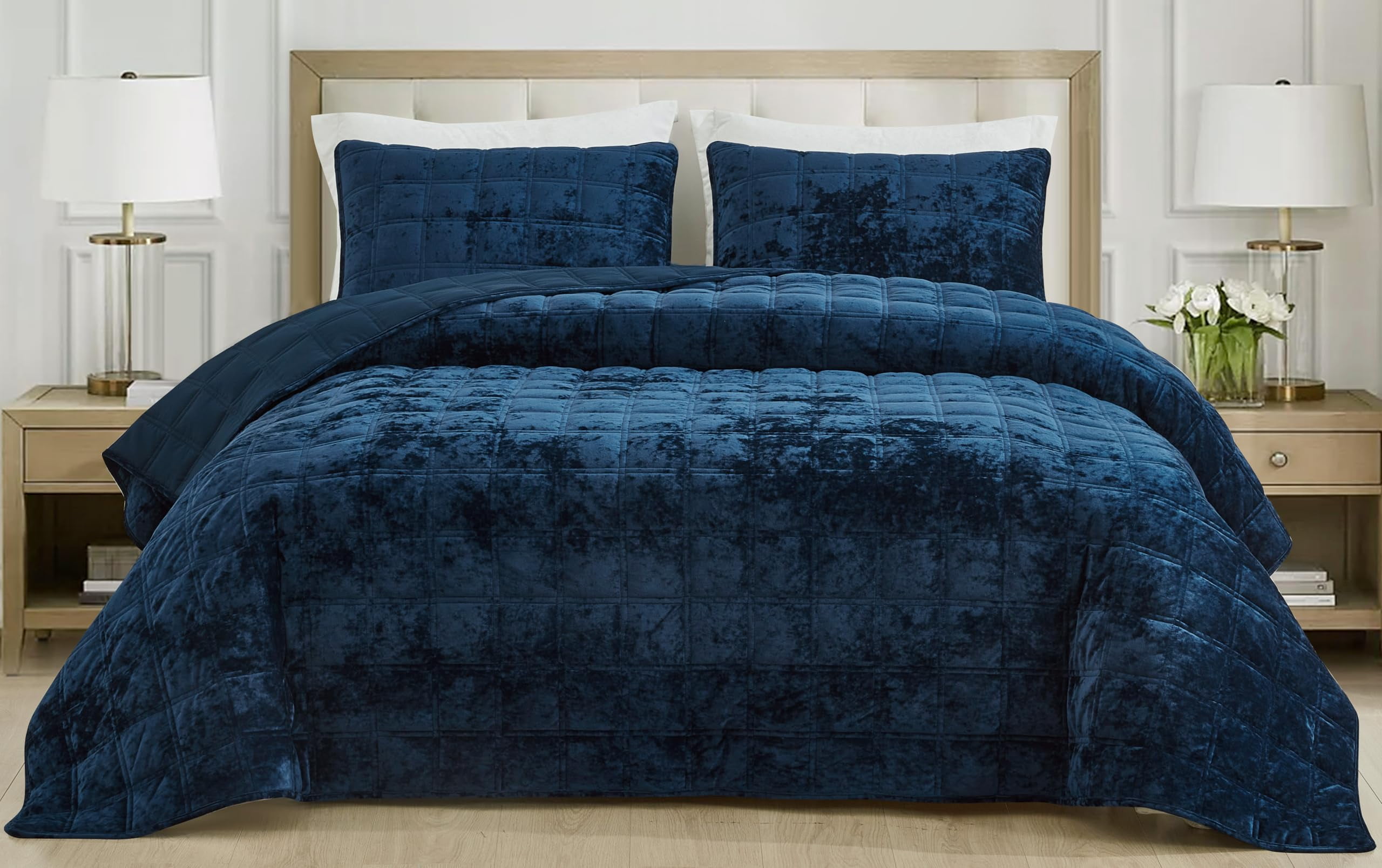 Chezmoi Collection Piers Navy Blue Velvet Quilt Queen Set, 3-Piece Lush ...