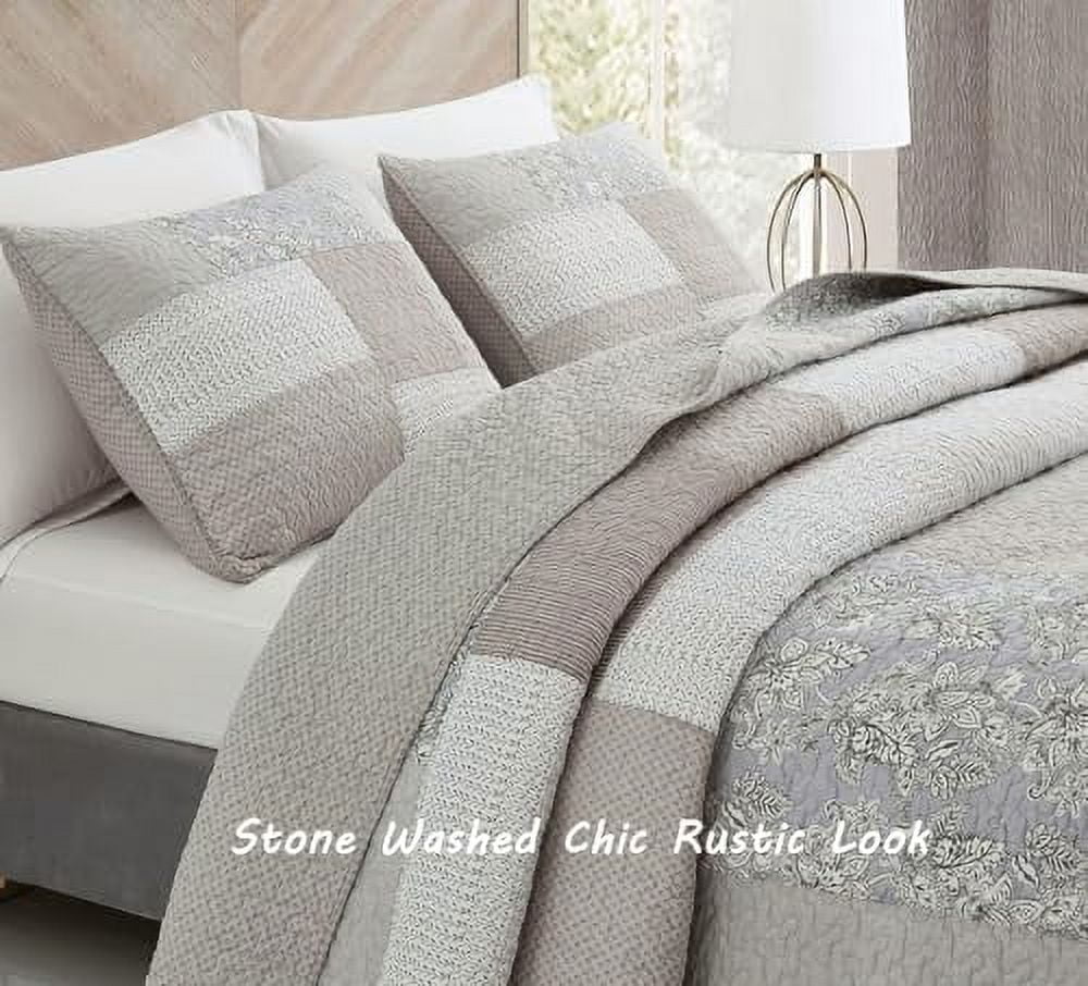 Chezmoi Collection Quinn 3-Piece Neutral Taupe Gray White Floral Hibiscus Flower Candy Stripe ...