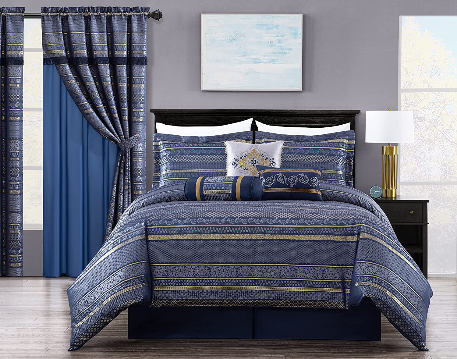 Chezmoi Collection Rio 7-Piece Queen Jacquard Comforter Set, Blue Gold ...