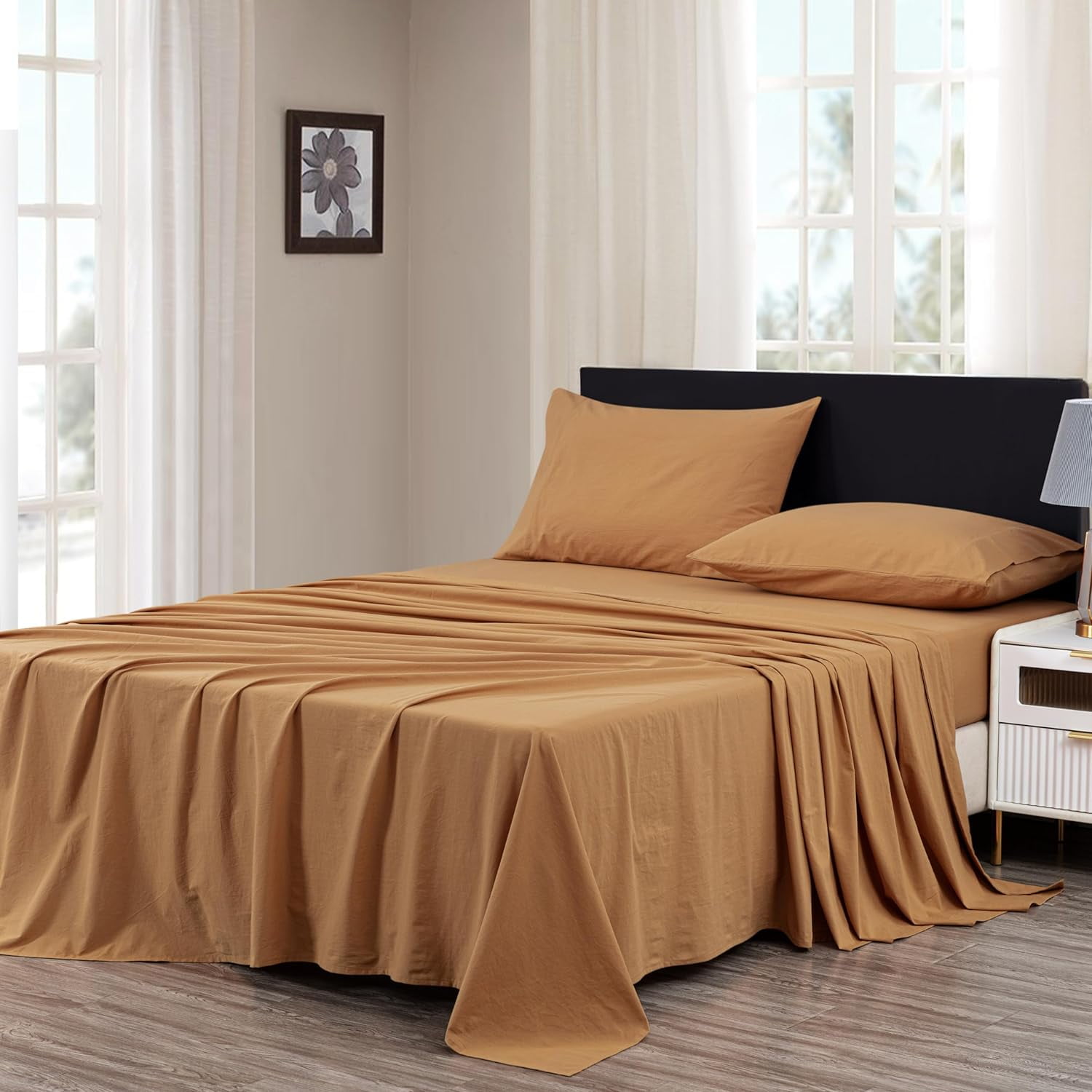 Chezmoi Collection Solid Caramel 100% Washed Cotton Bed Sheet Set Queen ...