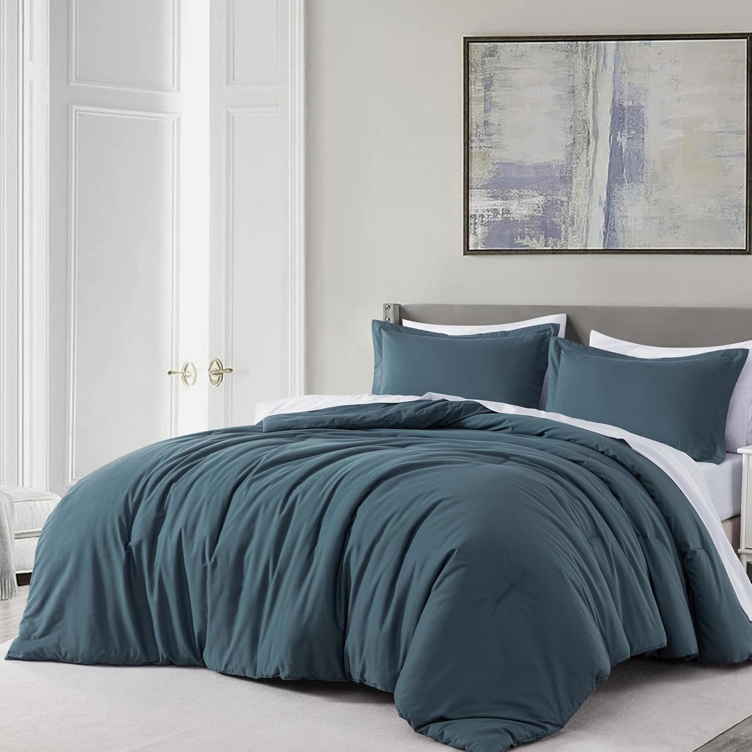 Chezmoi Collection Solid China Blue Cotton Comforter Set Queen Size, 3 ...