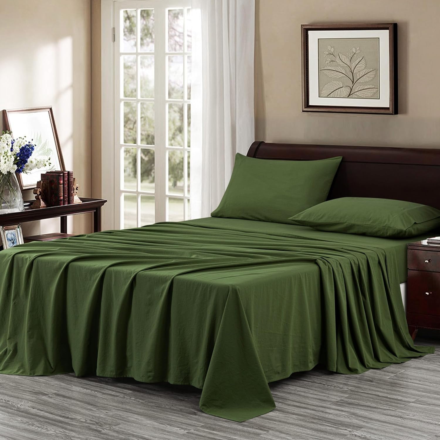 Chezmoi Collection Solid Loden Green 100% Washed Cotton Bed Sheet Set ...